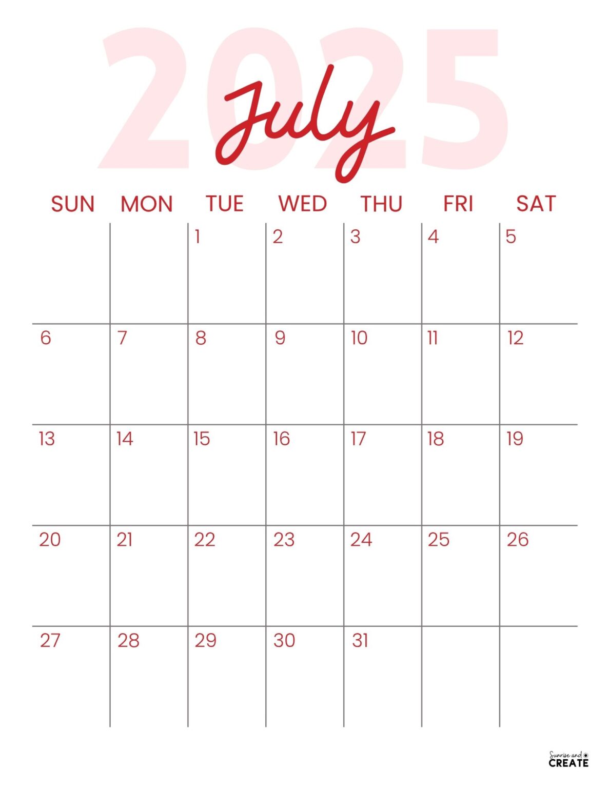 Free Printable July 2025 Calendars (125 different Styles) - Sunrise and ...