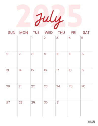 Free Printable July 2025 Calendars (125 different Styles) - Sunrise and ...