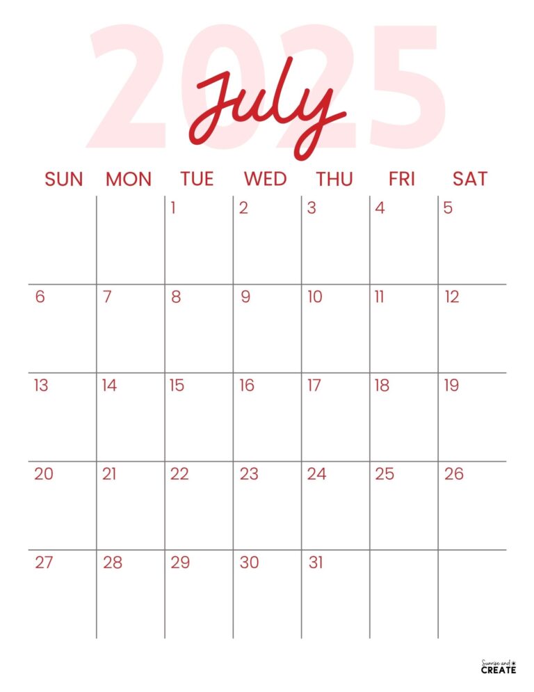 Free Printable July 2025 Calendars (125 different Styles) - Sunrise and ...