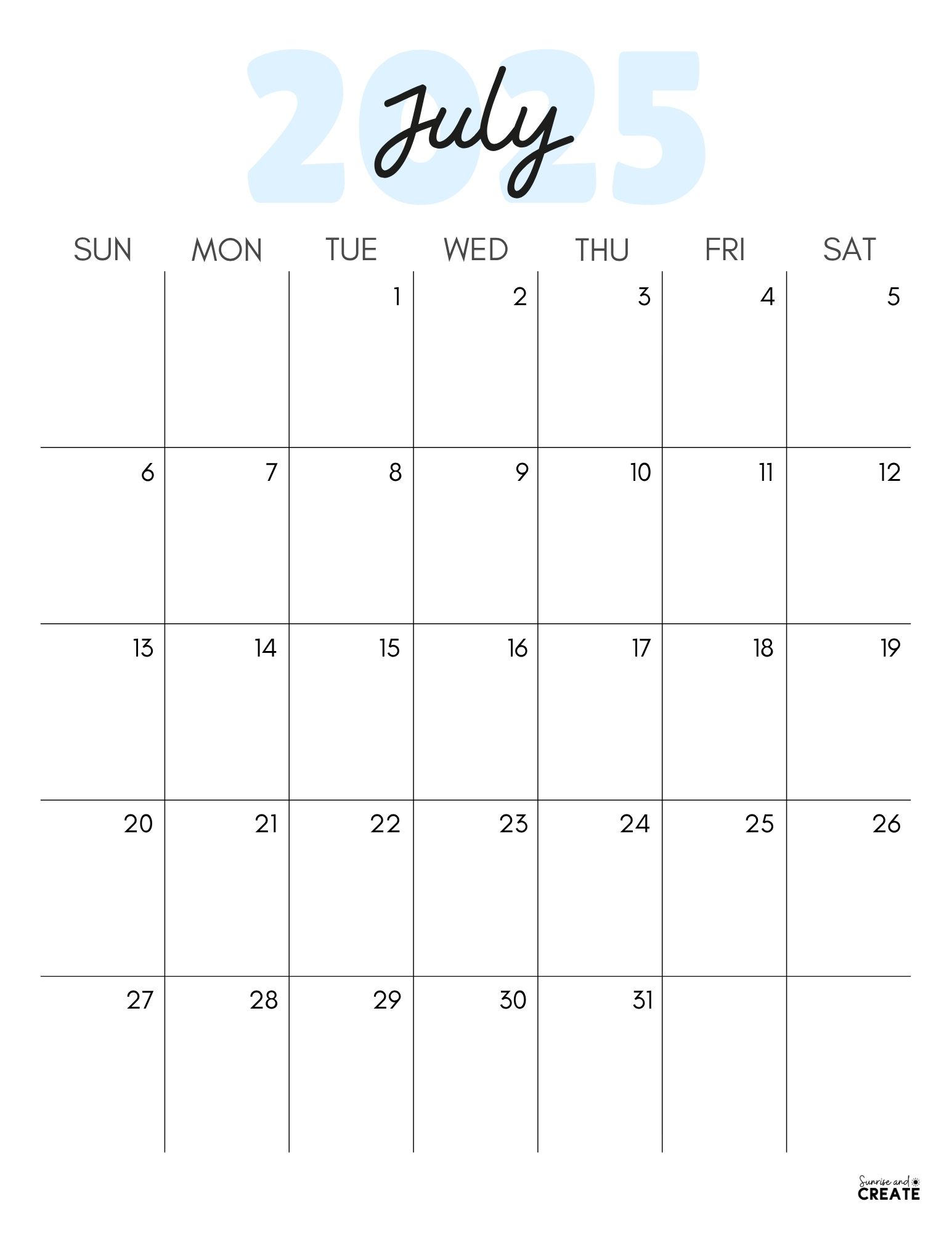 Free Printable July 2025 Calendars (125 different Styles) - Sunrise and ...