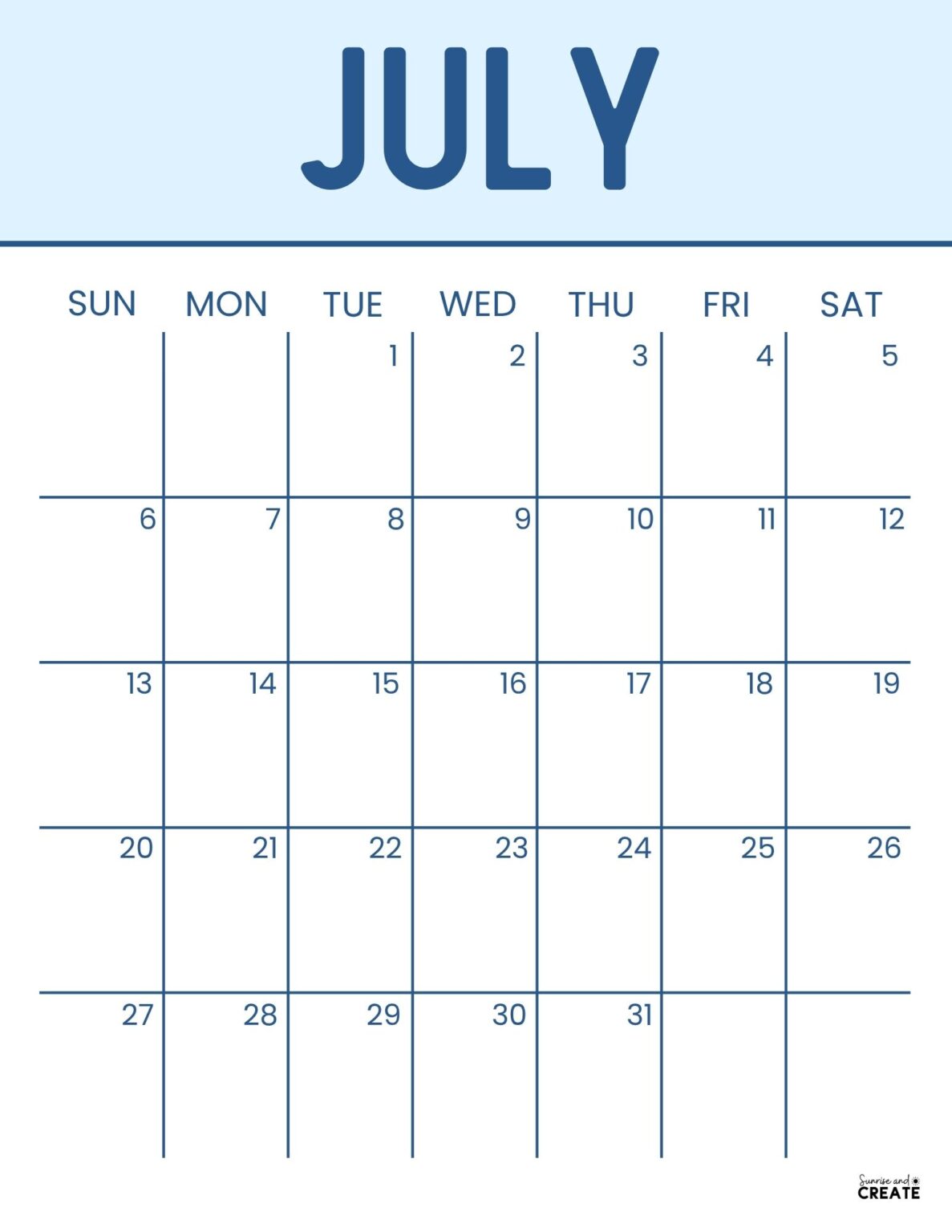 Free Printable July 2025 Calendars (125 different Styles) - Sunrise and ...