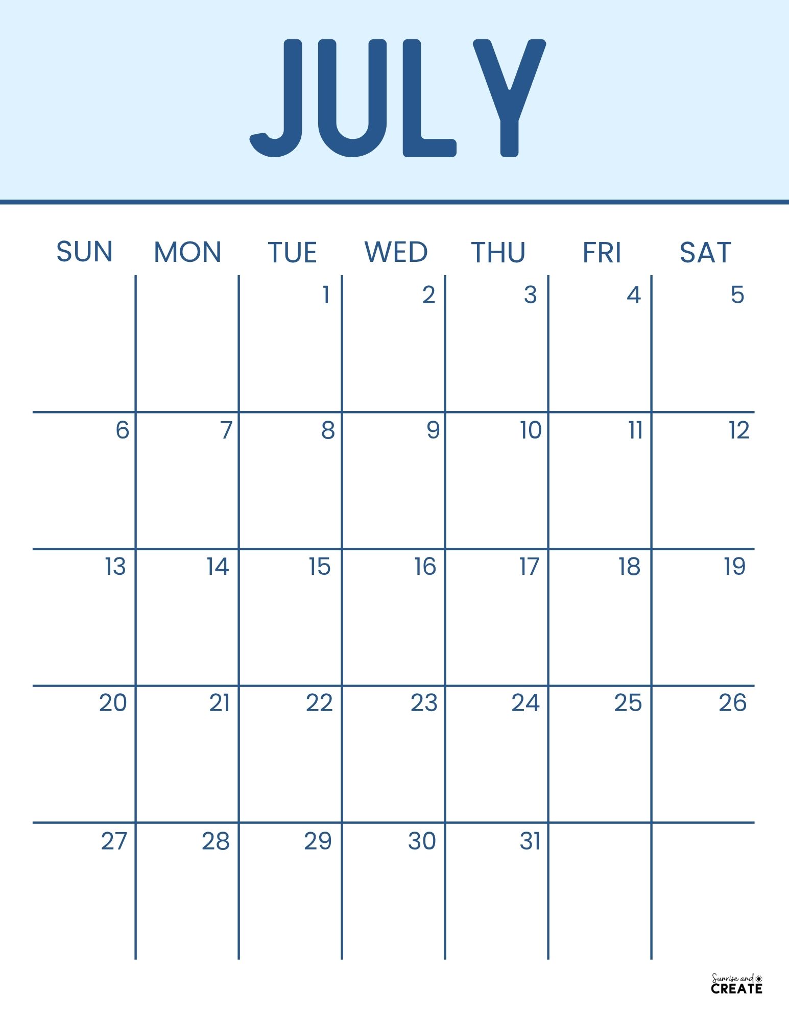 Free Printable July 2025 Calendars (125 different Styles) - Sunrise and ...