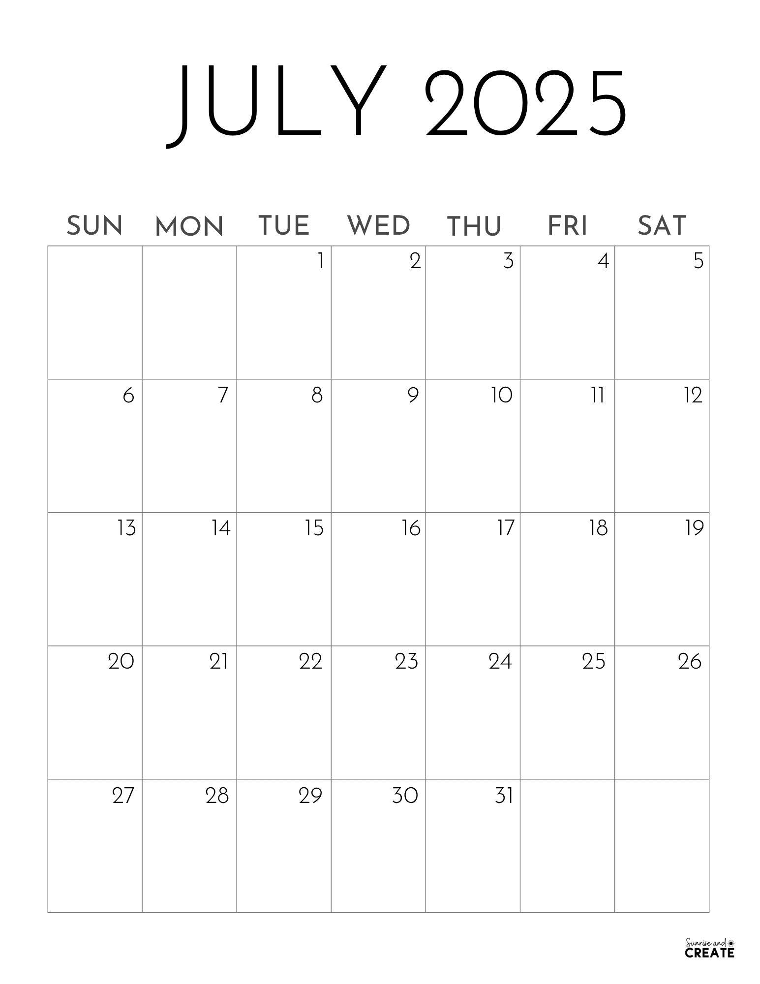 Free Printable July 2025 Calendars (125 different Styles) - Sunrise and ...