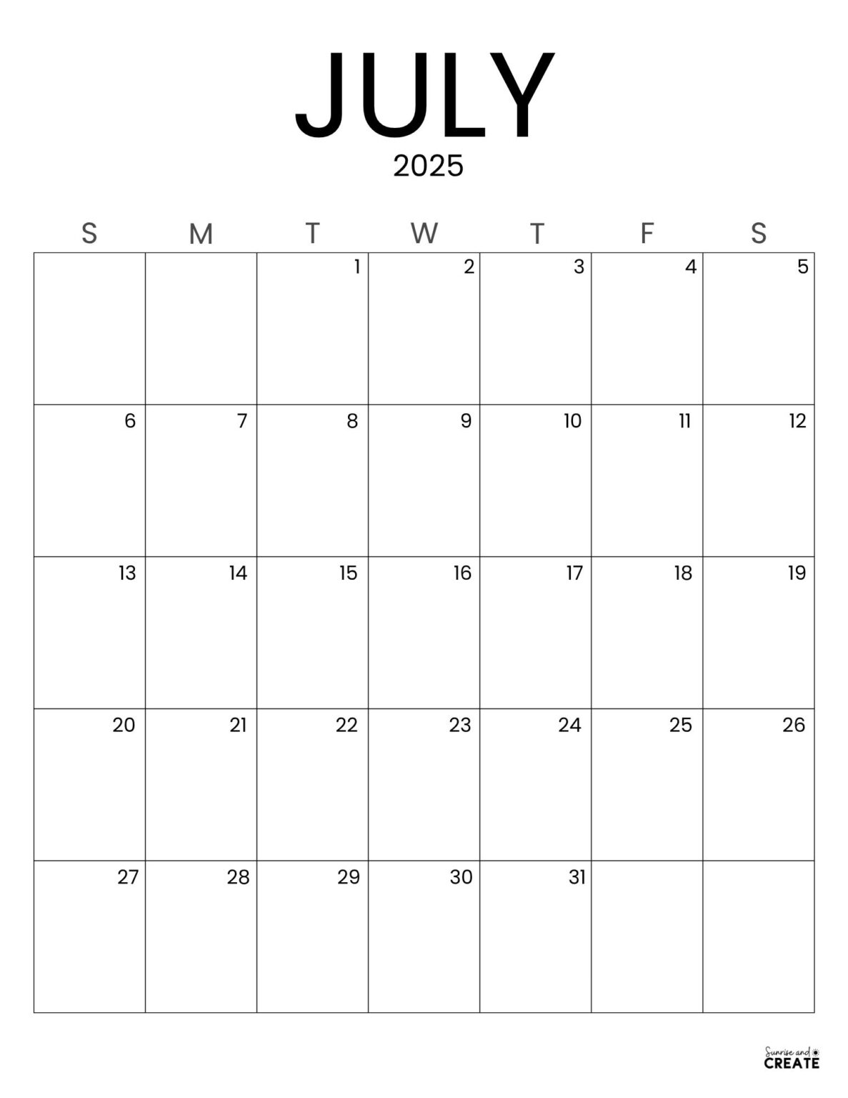 Free Printable July 2025 Calendars (125 different Styles) - Sunrise and ...