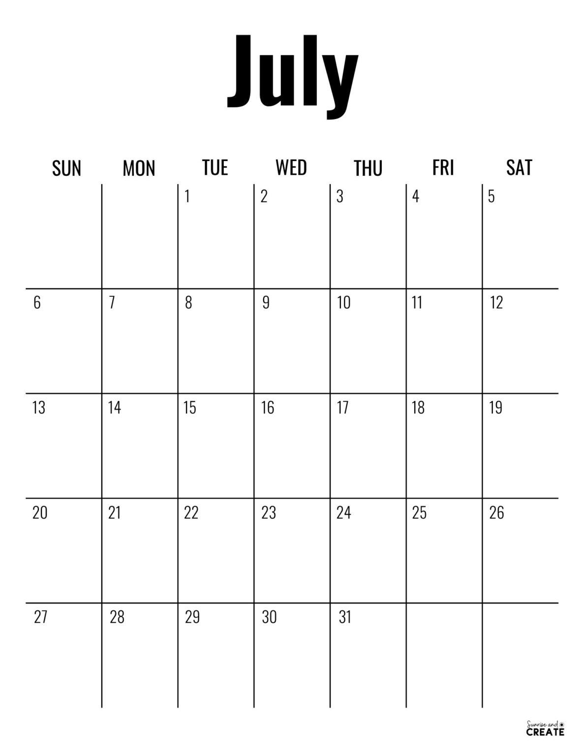 Free Printable July 2025 Calendars (125 different Styles) - Sunrise and ...