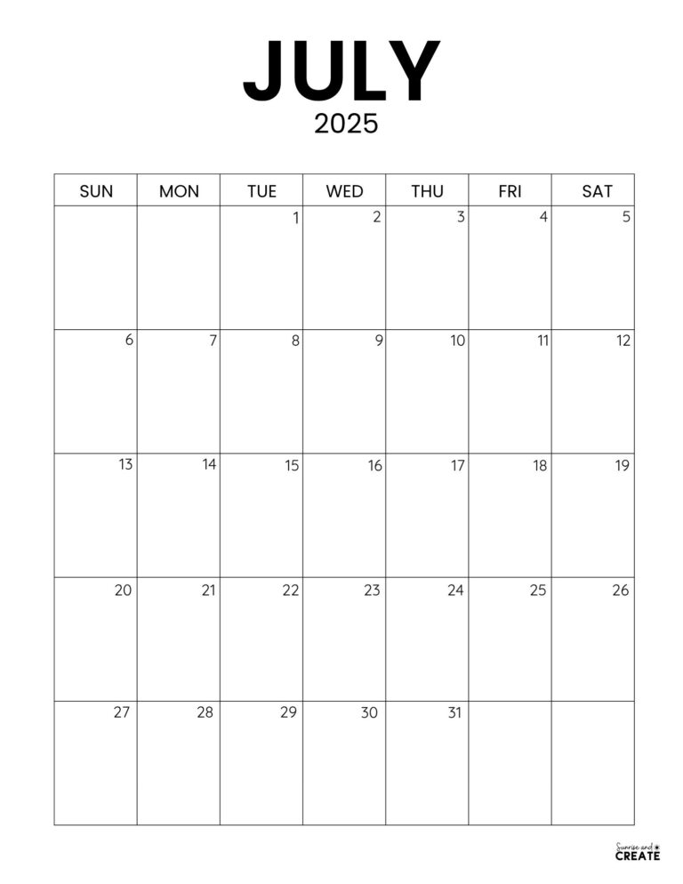Free Printable July 2025 Calendars (125 different Styles) - Sunrise and ...