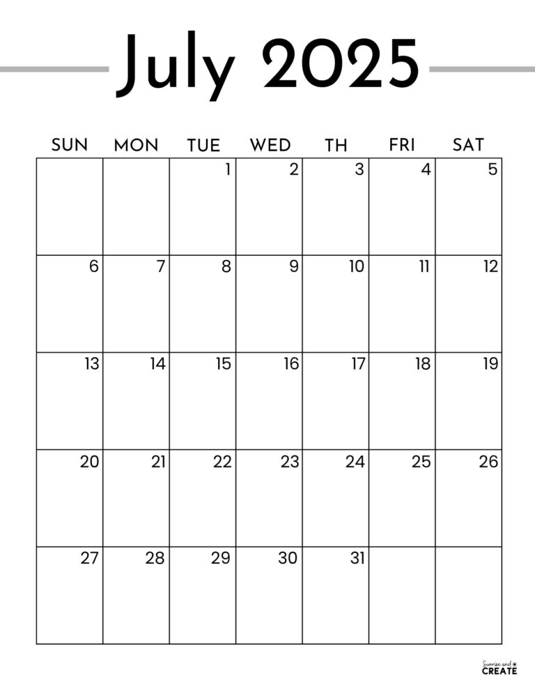 Free Printable July 2025 Calendars (125 different Styles) - Sunrise and ...