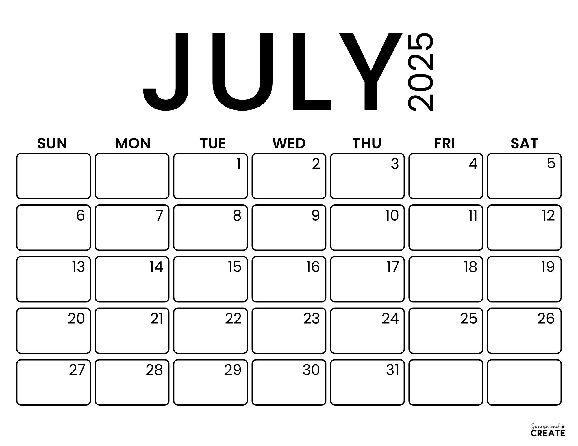 Free Printable July 2025 Calendars (125 different Styles) - Sunrise and ...