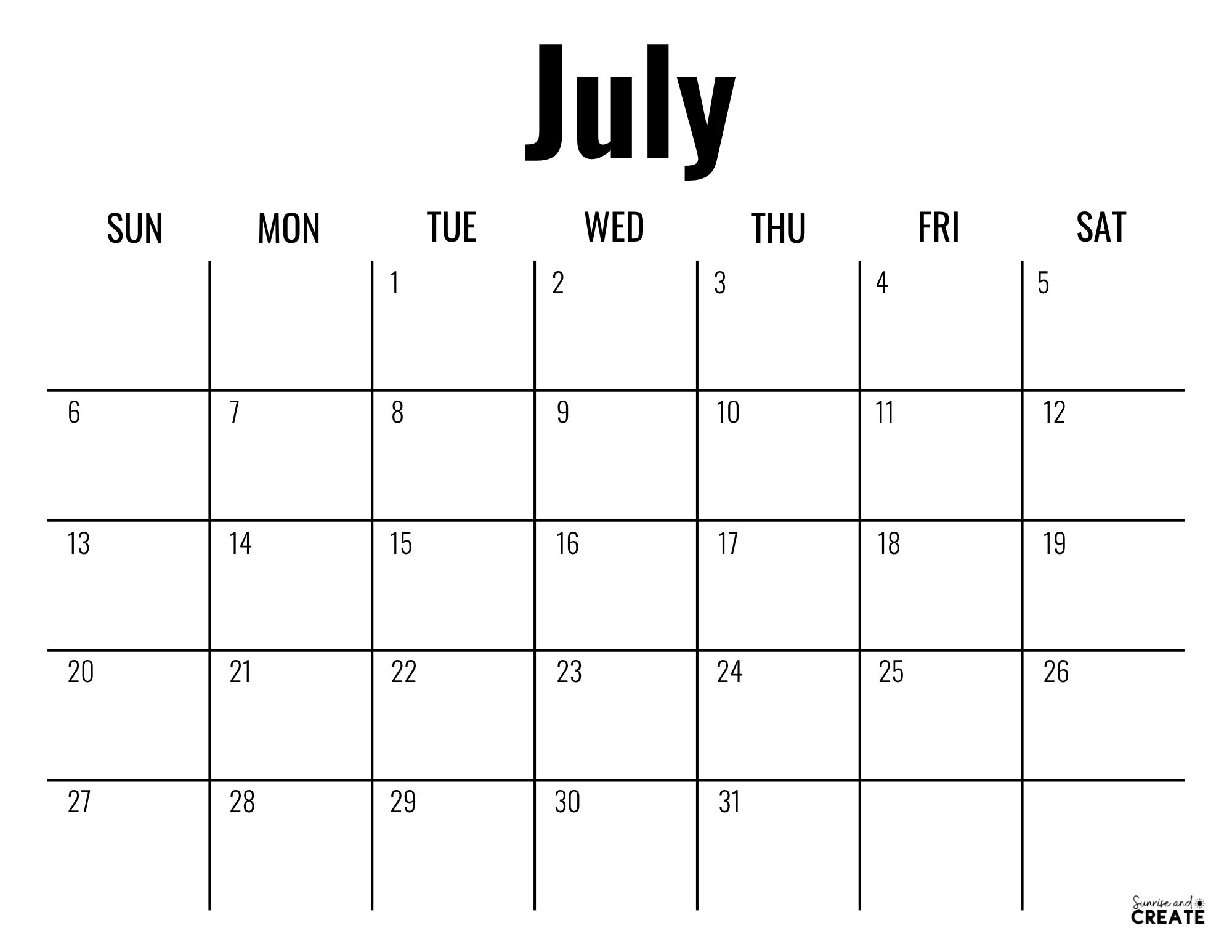 Free Printable July 2025 Calendars (125 different Styles) - Sunrise and ...